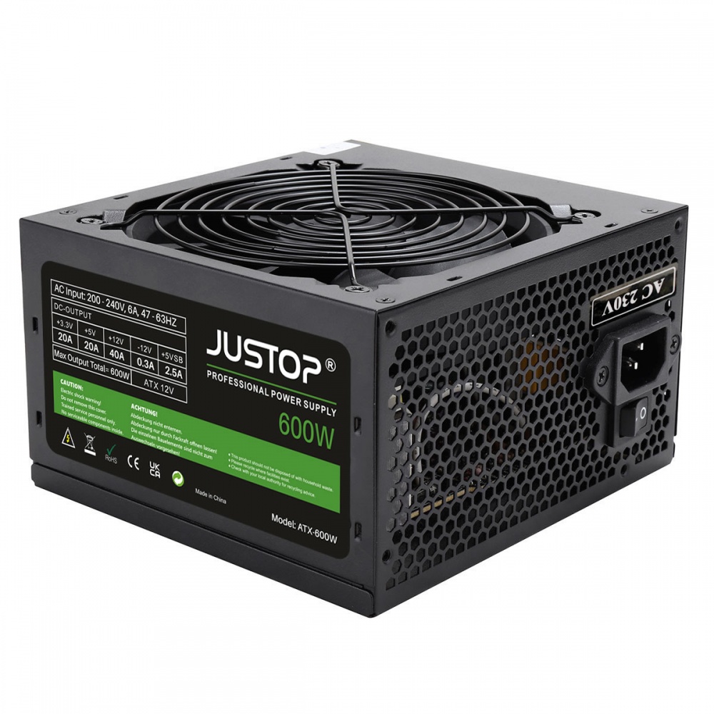 JUSTOP 600W PSU Black ATX Power Supply With 120mm Fan - DigiDirect