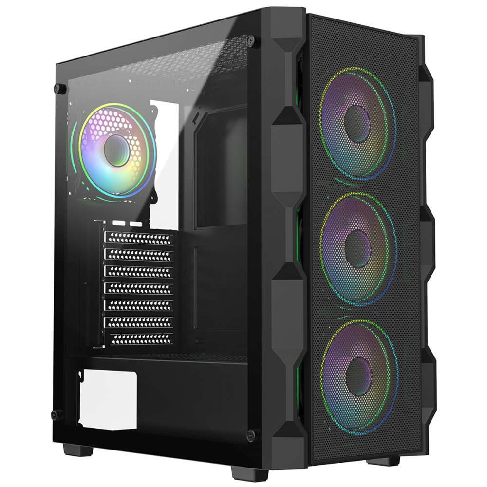 CIT Neo Black ATX Gaming PC Case 4X Dual-Ring Infinity Fans Mesh Front ...