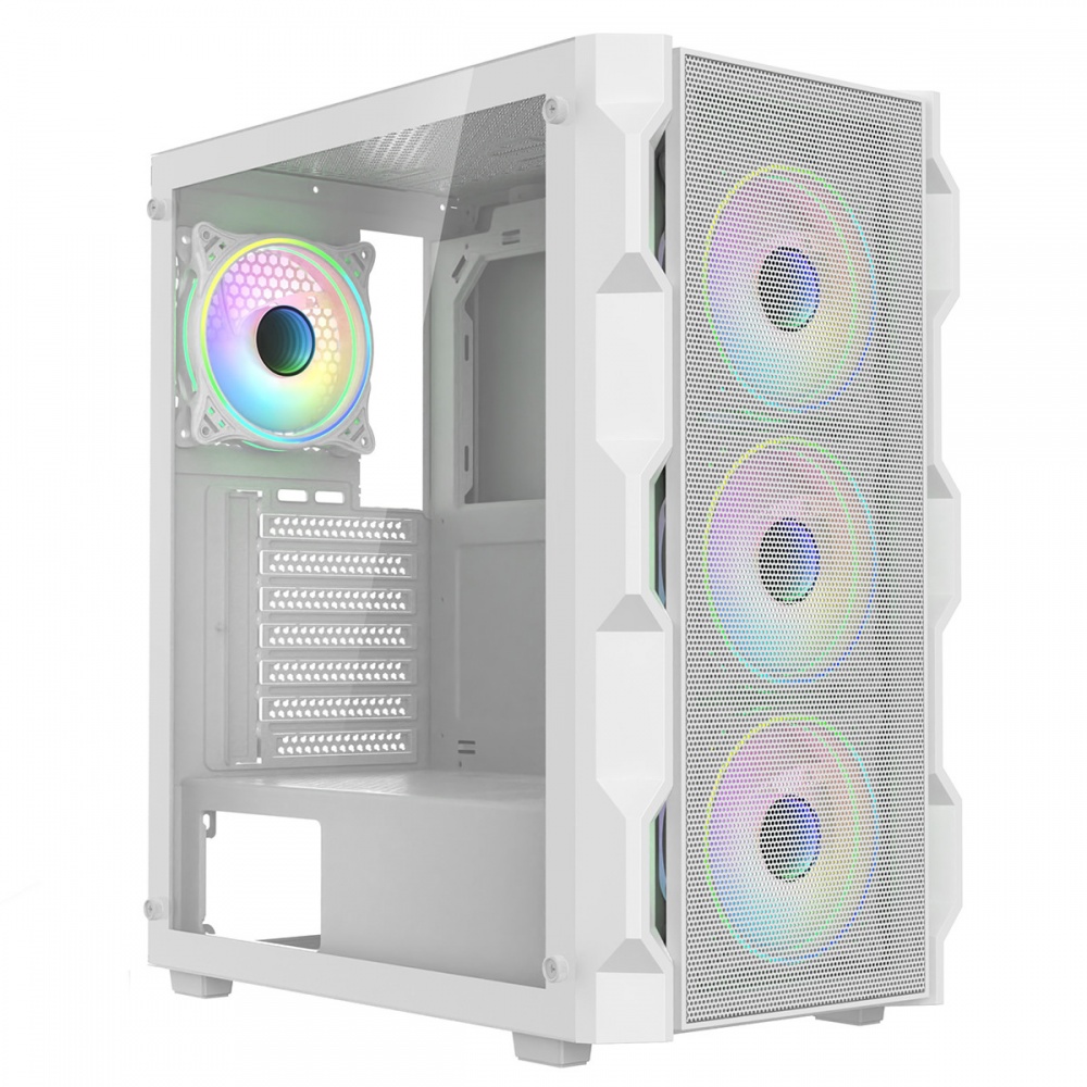 CIT Neo White ATX Gaming PC Case 4X Dual-Ring Infinity Fans Mesh Front ...