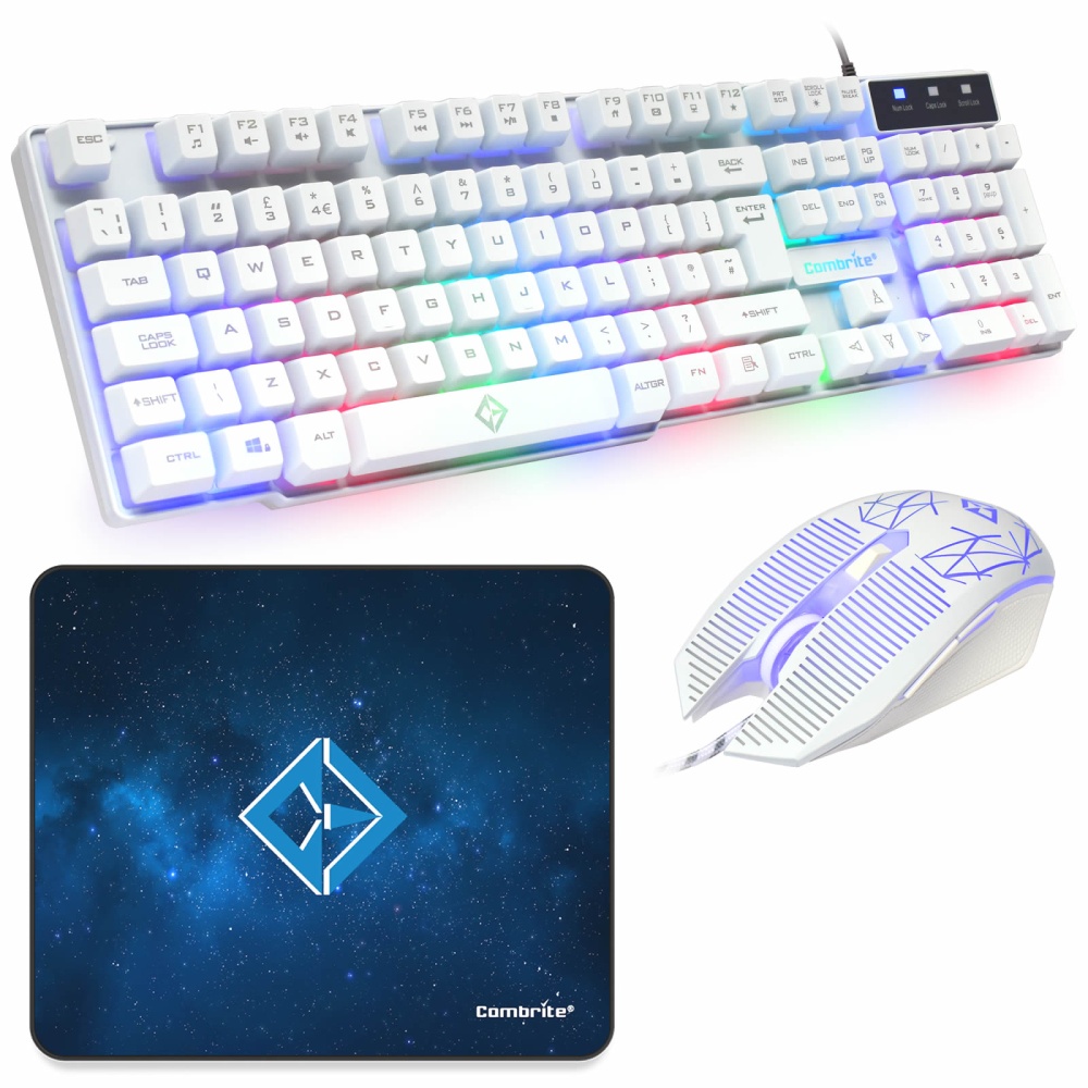 Combrite Raptor White USB Keyboard And Mouse Combo Rainbow LED Backlit ...