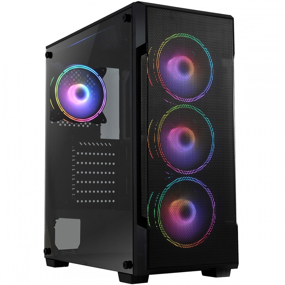 CIT Crossfire Mesh Gaming Case 4x ARGB Fans Glass Side MB SYNC Tempered ...
