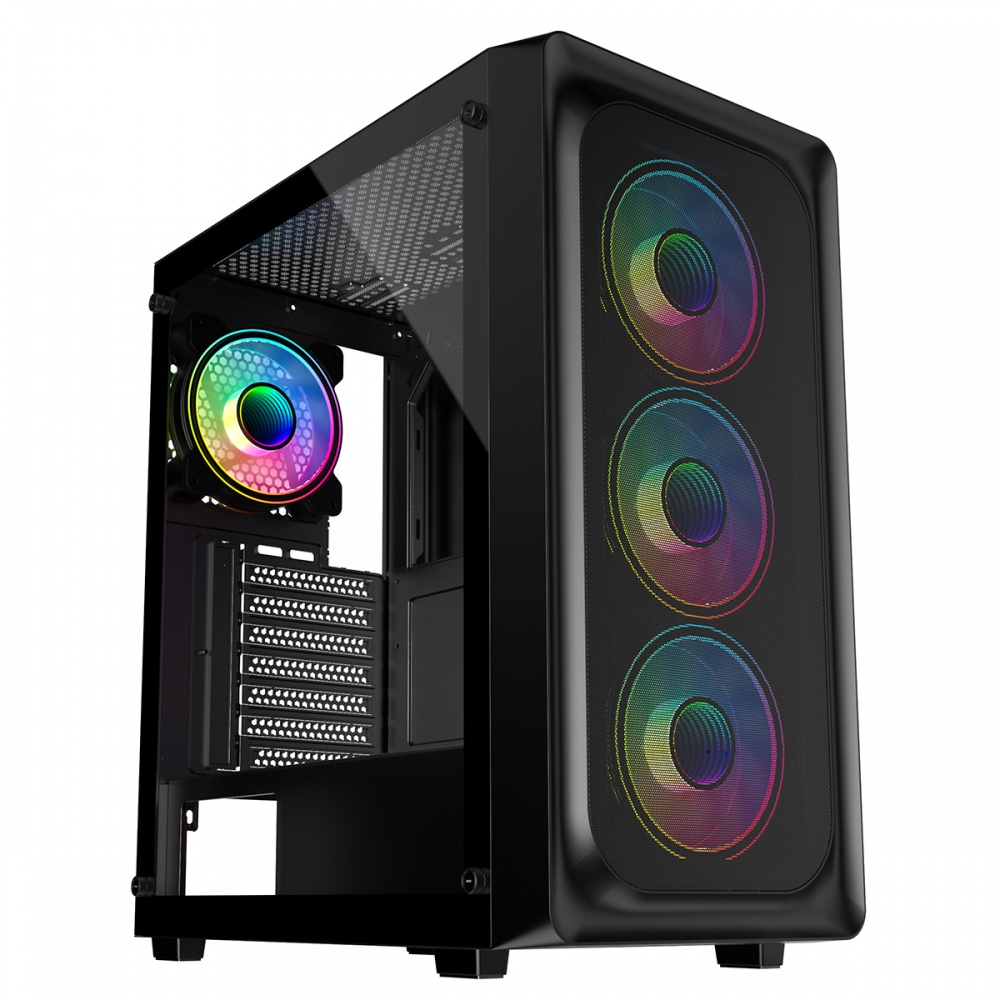 CIT Orion Mesh Gaming Mid ATX PC Case Tempered Glass Panel 4x Dual Ring ...