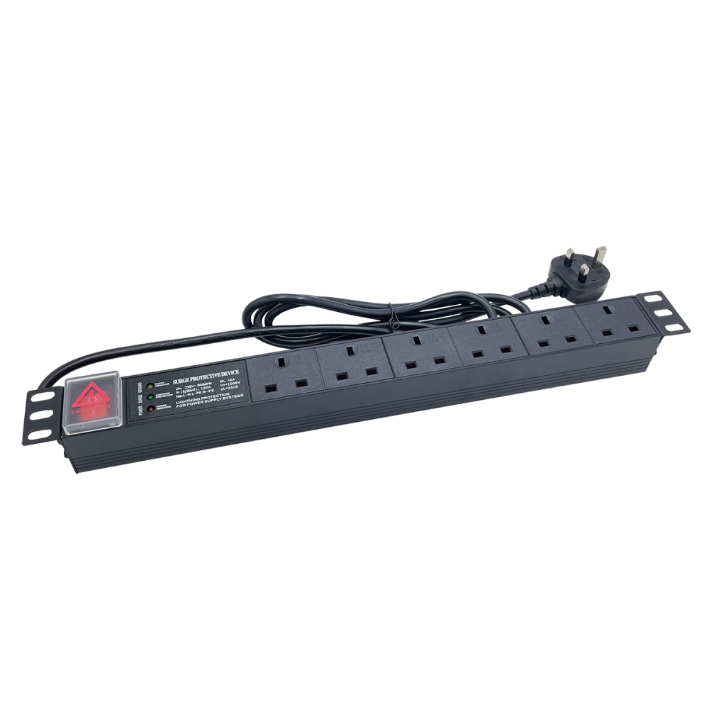 6 Way 1U 19-inch Horizontal Rack PDU with 3 LED Surge Protection Protected - DigiDirect